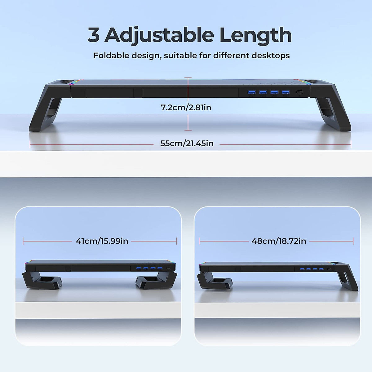 KeiBn RGB Gaming Computer Monitor Stand with 4 USB 3.0 Hub, 3 Lengths Adjustable Monitor Stand with Storage Drawer and Phone Holder, Monitor Stand Riser for PC,Laptop,iMac