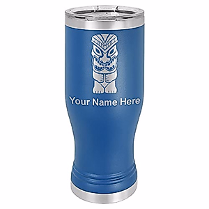 LaserGram 14oz Vacuum Insulated Pilsner Mug, Tiki Statue, Personalized Engraving Included (Dark Blue)