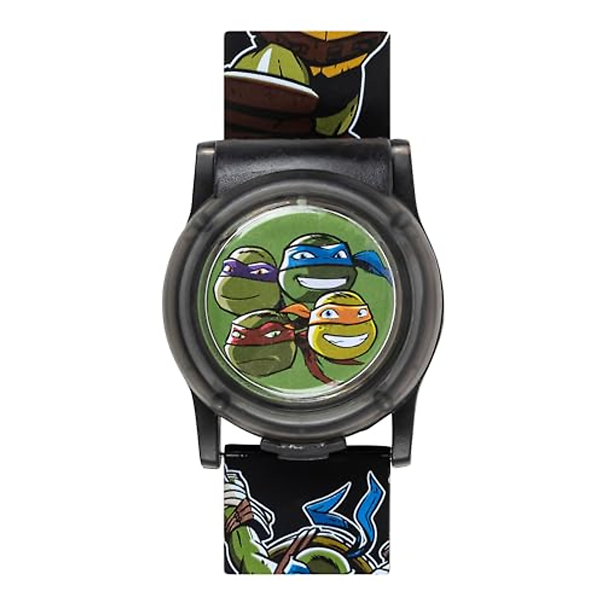Nickelodeon Accutime Ninja Turtles Kids' Digital Watch with Pop Open Top/Casing, Flashing LED Lights, Black Strap - Official TMNT Characters on The Top, Safe for Children - Model: TMN4205