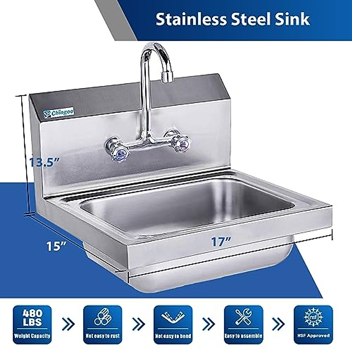 Chingoo Stainless Steel Sink with Faucet,Commercial Wall Mount Hand Basin for Washing for Restaurant, Kitchen and Home, 17 x 15 Inches