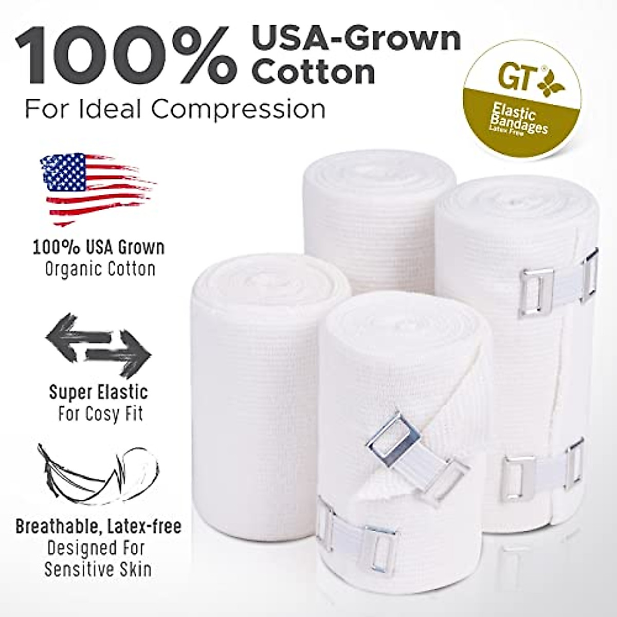 Premium Elastic Bandage Wraps (4" 2pack & 3" 2Pack) - Made of USA Grown Soft Woven Cotton - Metal Clip Fasteners - GT Latex Free Roll for Sprains & Injuries