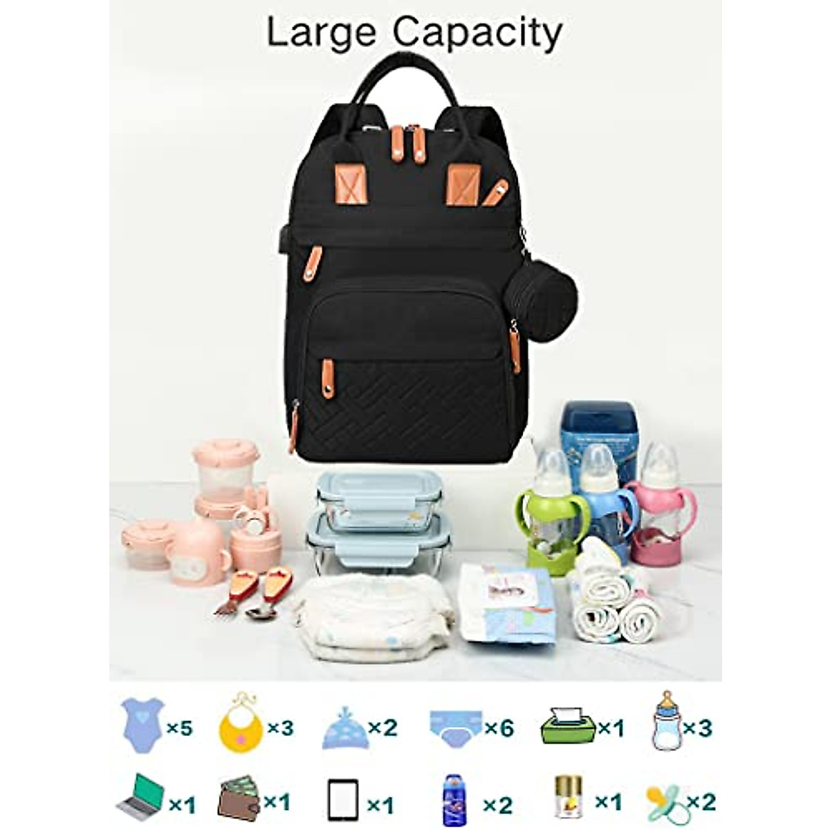 UISKOOPW Diaper Backpack, Baby Nappy Waterproof Changing Bags Travel BackPack with Changing Pad & Stroller Straps (Black)