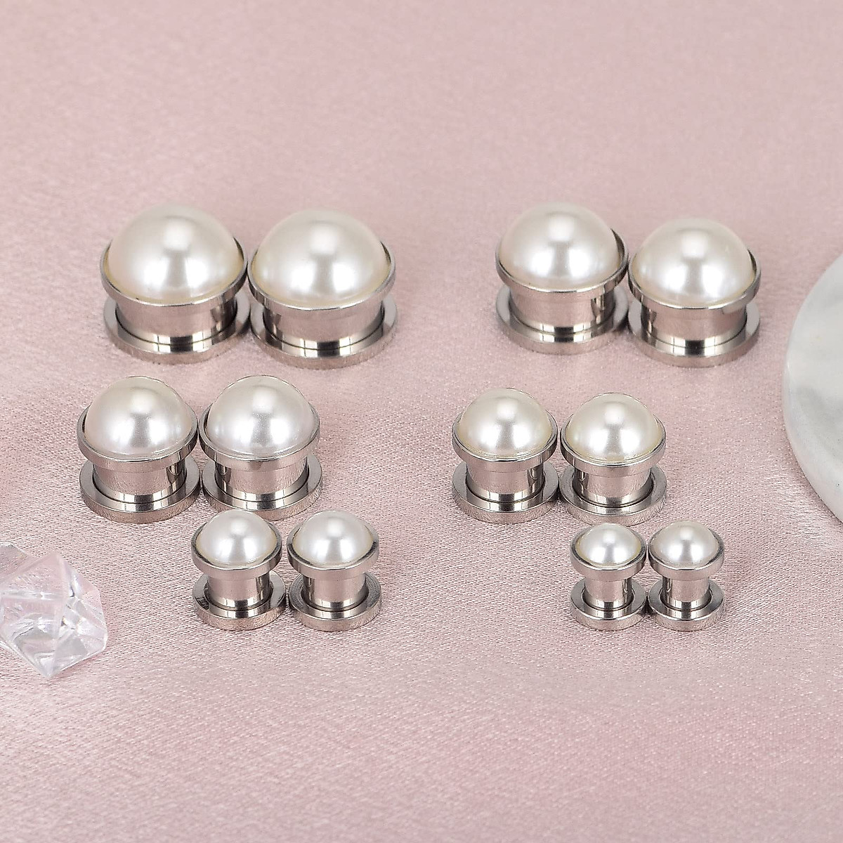 Qmcandy 2pcs Stainless Steel Pearl Ear Tunnels Double Flared Screw Plugs Piercing Gauges 00G, Silver