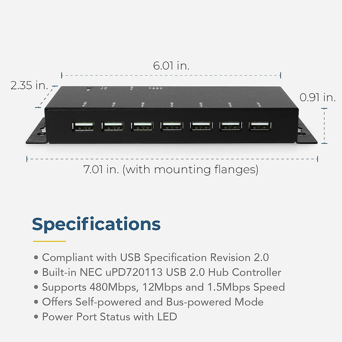Metal 7-Port USB 2.0 Powered Hub for PC-MAC with Power Adapter