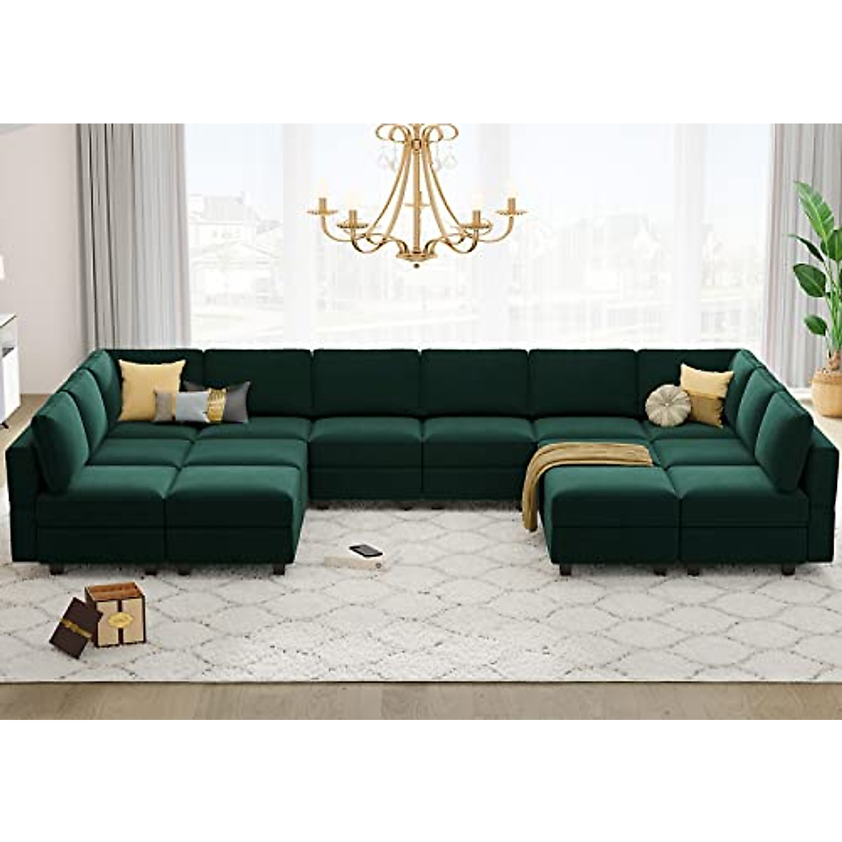 Belffin Oversized Modular sectional Sofa with Double Chaises U Shaped Sectional Sleeper Sofa Couch Reversible Sectional Sofa with Storage Velvet Green