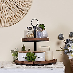 GENMOUS & CO. Farmhouse Tiered Tray Decor with Distressed Wood Bead Garland, Decorative 2 Tiered Serving Tray with Metal Handle for Rustic Home Décor