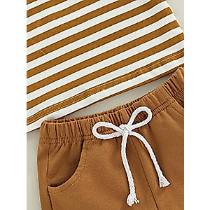 Toddler Baby Boy Summer Clothes Short Sleeve Stripes T-Shirt Shorts Set 2 Piece Outfit Brown 18-24 Months