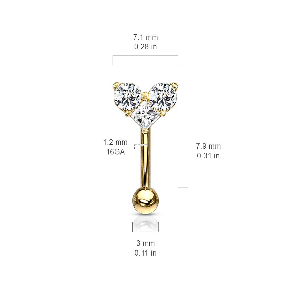 Amelia Fashion 16 Gauge Three Prong Set Round and Square CZ Heart Curved Barbell/Eyebrow Ring 316L Surgical Stainelss Steel (Choose Color) (Rose Gold/Clear)