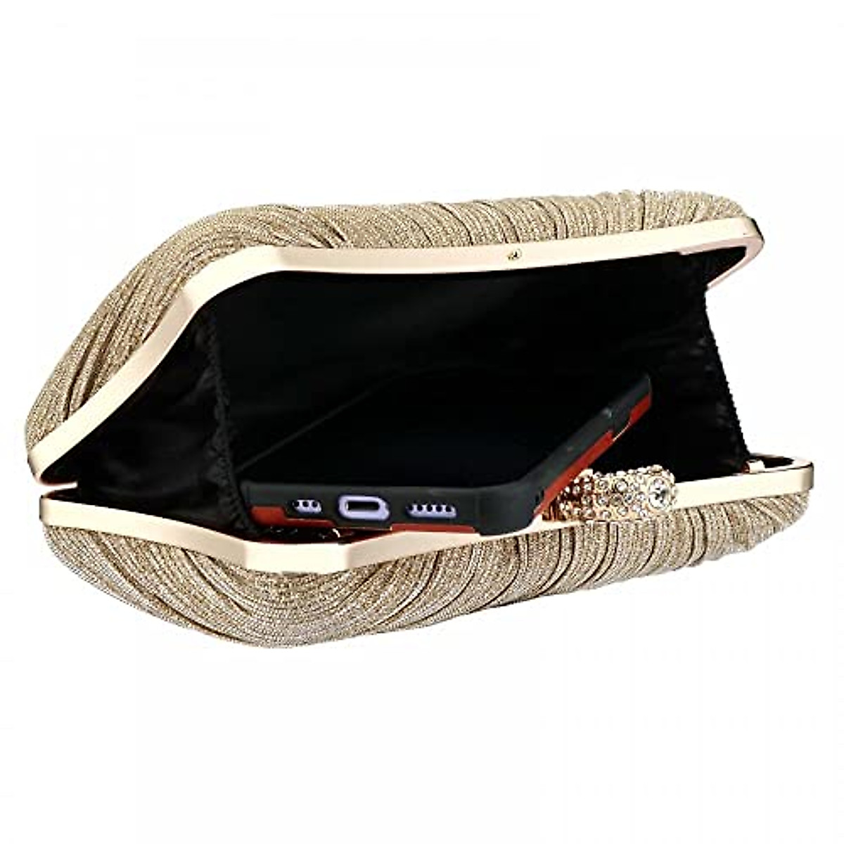 Clutch Purse for Women Pleated Glitter Evening Clutch Purses with Rhinestone Evening Bag for Bridal Wedding Party (Gold)
