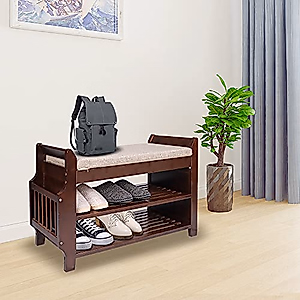 PATEWIN Bamboo Shoe Storage BenchShoe Rack Bench 2 Tier Entryway Shoe Bench with Shoe Organizer Drawers and Umbrella Stand for Living Room Bedroom and Bathroom (30.9Inchx11.6Inchx19.69Inch)