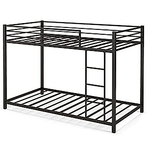 KOMFOTT Metal Low Bunk Bed Twin Over Twin, Heavy Duty Bunk Bed Frame with Ladder & Full-Length Guardrails, Metal Slatted Floor Bed Frame for Teens & Adults, No Box Spring Needed (Black)
