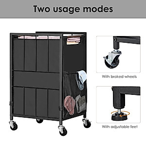 Laundry Hamper with Wheels & Adjustable Feet; 90L Laundry Basket with Removable Liner Bag & Side Mesh Pocket; Clothes Basket for Bathroom, Bedroom; Laundry Sorter with Wood Handle (Black)