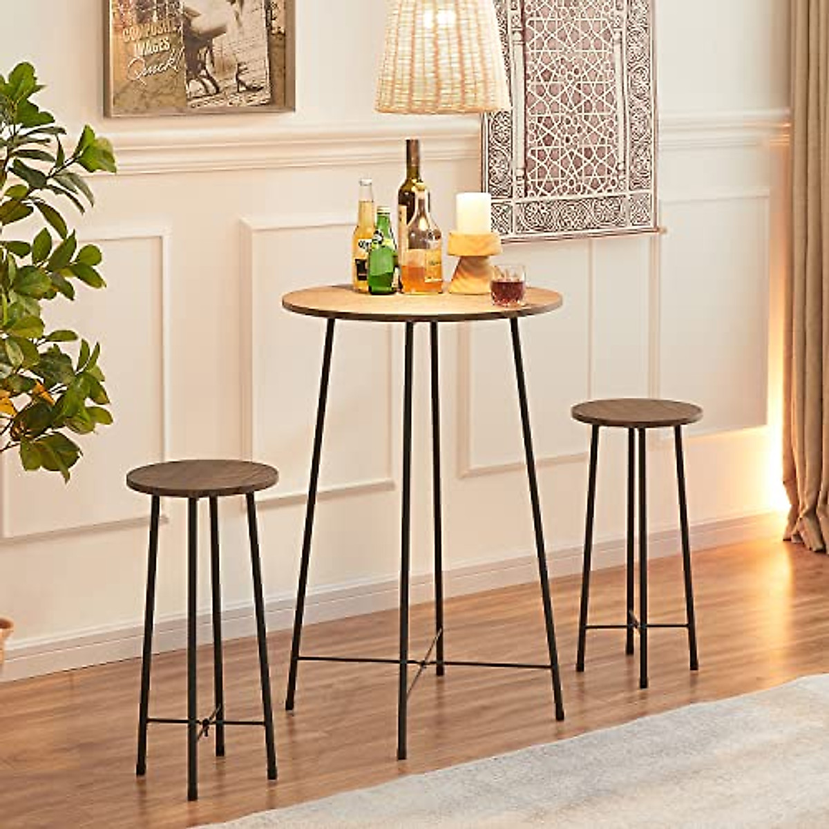 VECELO Small Bar Table and Chairs, Round Bistro Sets with 2 barstools, 3-Piece Pub Dining Furniture, Counter Height Wood Top for Breakfast Dinner Coffee Nap Conference, Easy Assembly
