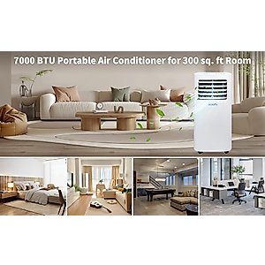 7,000 BTU Portable Air Conditioner, 3-in-1 Portable AC with Cooling/Dehumidifier/Fan/Sleep Modes for Rooms Up to 300 Sq. Ft, with 24-Hour Timer & Remote Control & Window Mount Kit