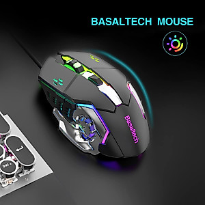 Basaltech Typewriter Style Mechanical Keyboard and Mouse Combo, Gaming Keyboard with Collapsible Wrist Rest, RGB Backlight Blue Switch Metal Penal, Round Keycaps Keyboard for PC