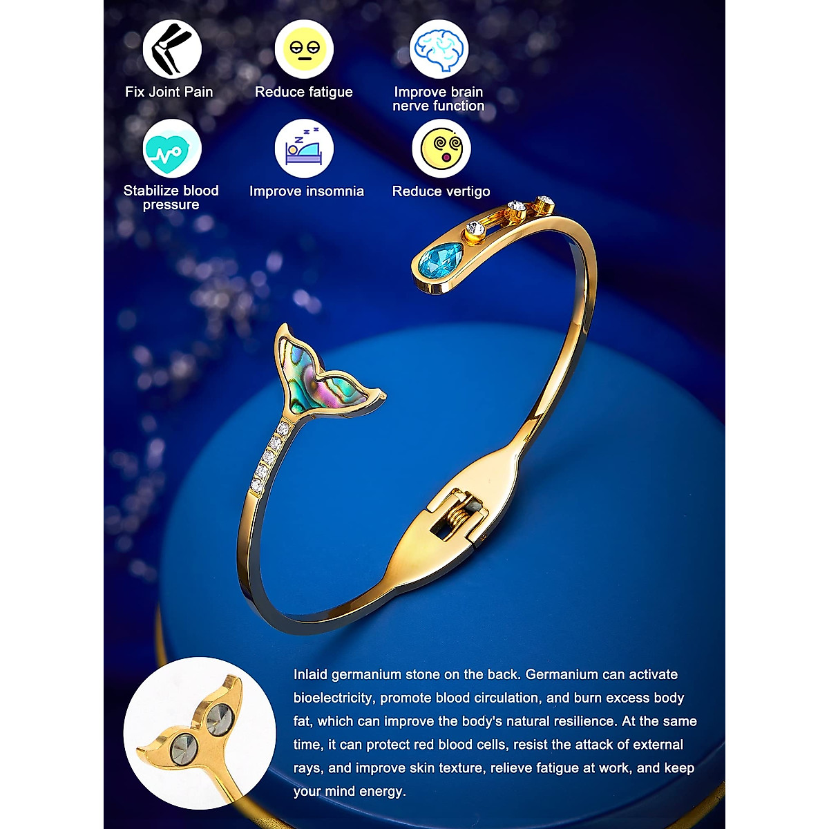 Aradoo Mermaid Tail Bangle Bracelets For Women, Abalone Shell Stainless Steel Open Cuff Bracelet, Inlaid Cubic Zirconia Germanium Energy Bracelet, Birthday Jewelry Gifts For Women (Gold)