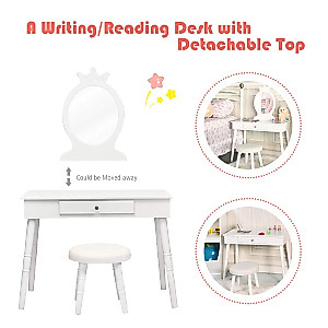 HOMGX Kids Vanity Set, Princess Beauty Dressing Wooden Table and Chair Vanity Set, Little Girls Pretend Makeup Play Set with Crown Mirror & Cushioned Stool, Children’s Room Furniture (White)