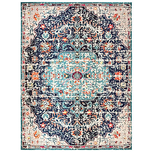 SAFAVIEH Madison Collection Area Rug - 9' x 12', Black & Teal, Boho Chic Medallion Distressed Design, Non-Shedding & Easy Care, Ideal for High Traffic Areas in Living Room, Bedroom (MAD447Z)