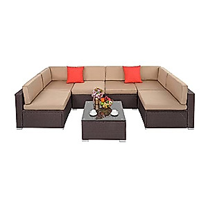 New Outdoor Courtyard Modular Furniture Set 7-Piece Rattan Sofa, Rattan Garden deep seat Dialogue Sofa with seat Cushion Tempered Glass Table