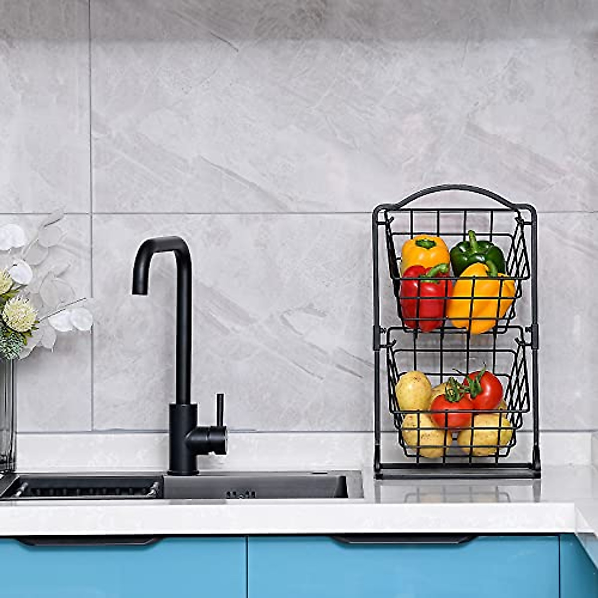 Wetheny 2 Tier Fruit Basket Fruit Bowl for Kitchen Counter,Bread,Fruit and Vegetable Holder Storage Basket,Wire Hanging Basket stand for Kitchen Organizer