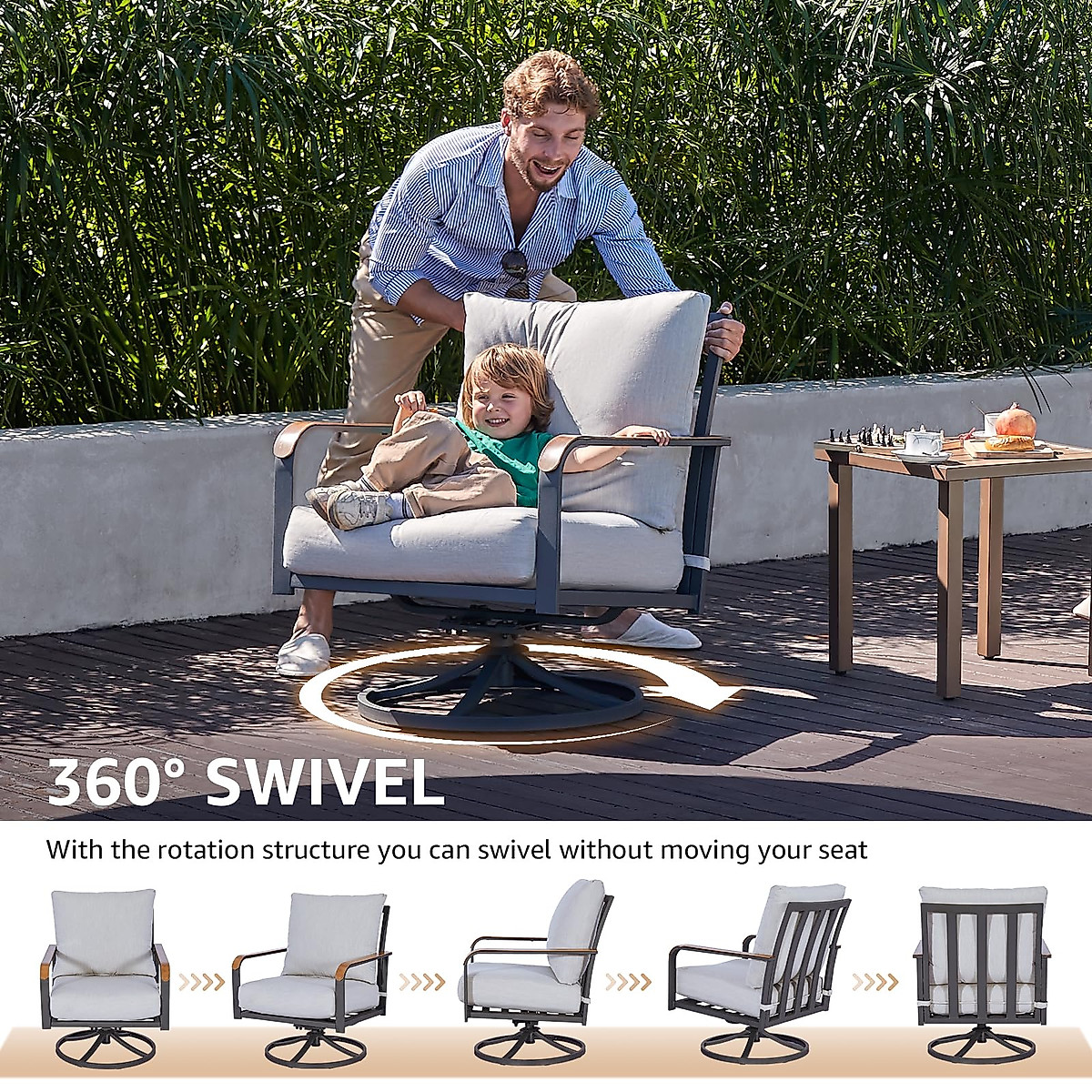 NATURAL EXPRESSIONS Outdoor Bistro Set, 3 Piece Swivel Glider Rocking Chairs Patio Conversation Furniture Set with 2 Rockers, 1 Metal Table and 6" Thick Cushions for Backyard, Porch, Balcony, 350lbs.