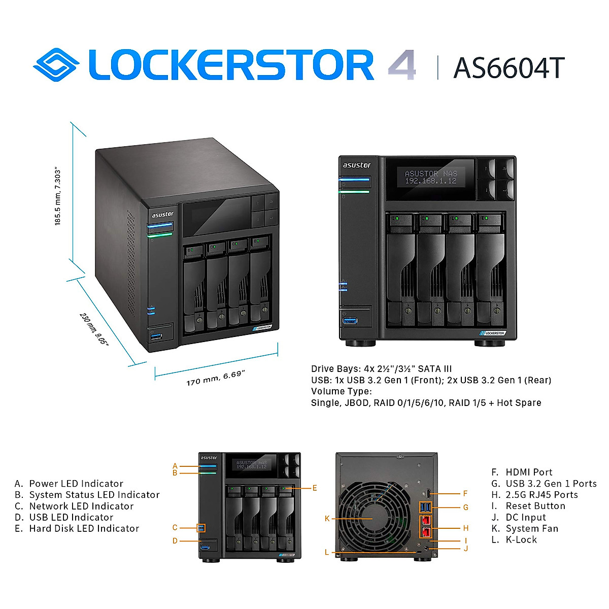 Asustor Lockerstor 4 AS6604T - 4 Bay NAS, Quad-Core 2.0GHz CPU, 2 2.5GbE Ports, 4GB RAM DDR4, 2 M.2 SSD Slots, Network Attached Storage (Diskless)
