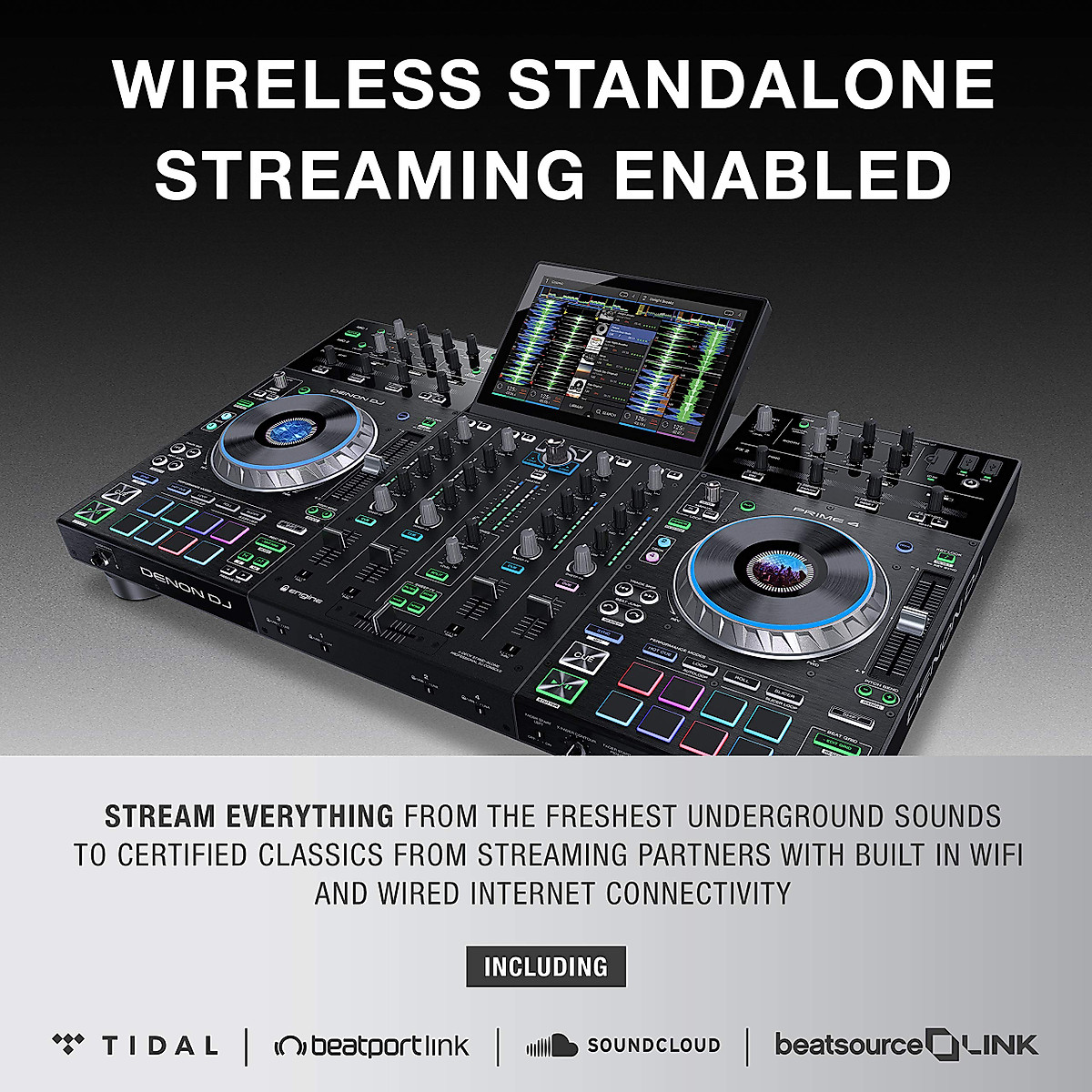 Denon DJ PRIME 4 - 4 Deck Standalone Smart DJ Console / Serato DJ Controller with Built In 4 Channel Digital Mixer and 10-Inch Touchscreen