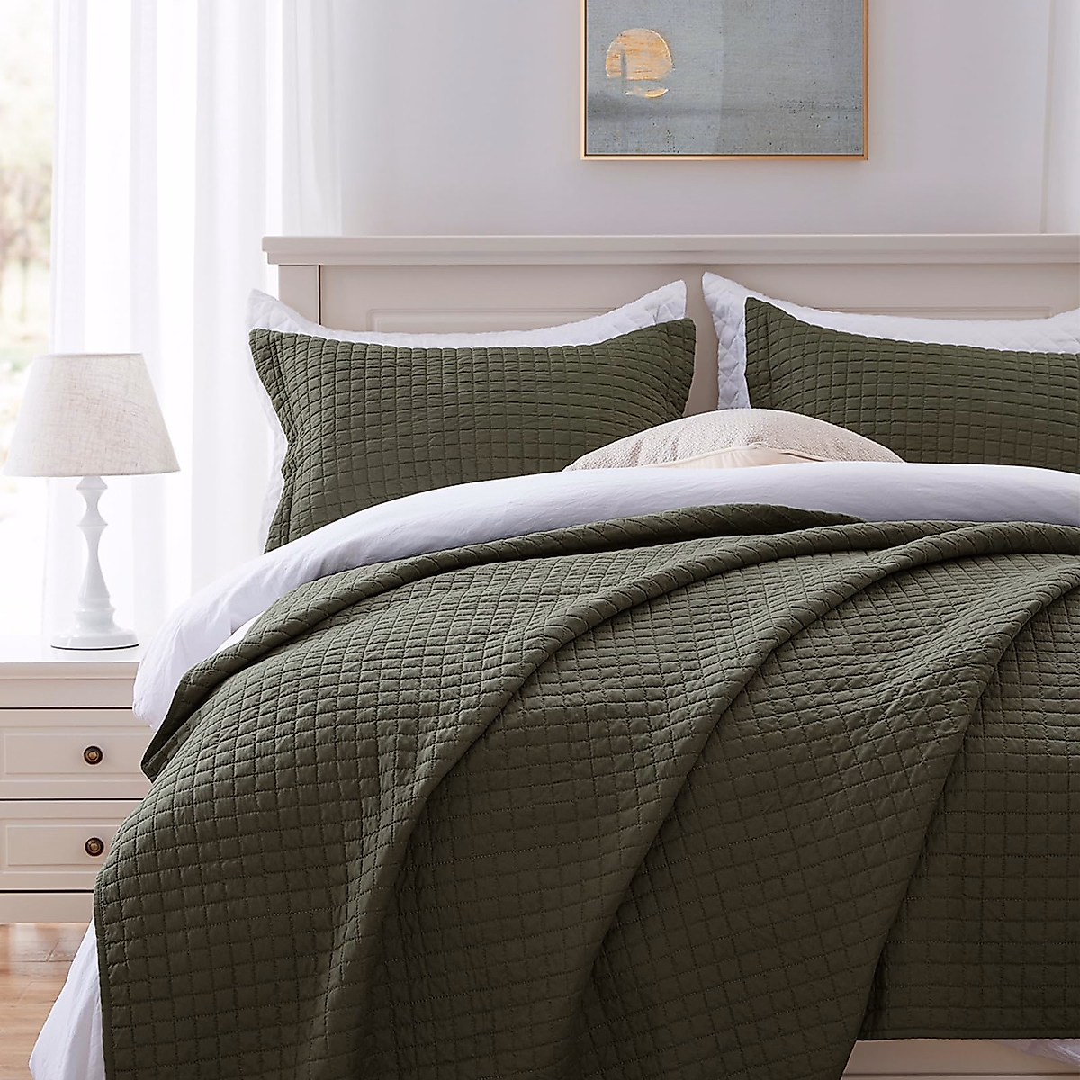 SunStyle Home Olive Green Quilt, Queen Size Quilt Set Lightweight Bedspread Full Soft Reversible Coverlet for All Season 3pcs Army Green Square Quilted Bedding Sets (1 Quilt 2 Pillow Shams)(90"x96")