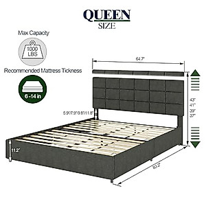 PIETFIU Modern Queen Bed Frame with Adjustable Headboard and 4 Storage Drawers,Linen Upholstered Platform Bed Frame with Solid Wood Slat and Button Tufted Design,No Box Spring Needed (Queen)