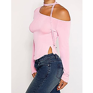 Women's Square Neck Long Sleeve Top Basic Slim Fitted T-Shirt Crop Top Sexy Solid Lace Tee Chic Y2k Aesthetic Clothes