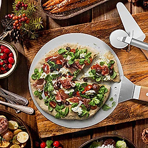 GUANGMING - Pizza Peel Round Stainless Steel, Perfect for Baking Homemade Pizza, Bread, Cakes, Biscuits, Wooden Handle Metal Shovel Spatula Peal for Baking Pizza and Cake,Silver