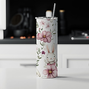 Tumbler with Lid and Straw Miss Rabbit and Flowers thermos coffee travel mugcute cups 20 oz insulated tumbler for Daily Holiday Decor Gift coffee cup