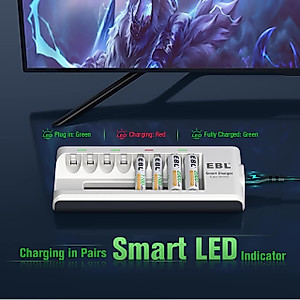 EBL 8-Bay Battery Charger with AA Rechargeable Batteries 2500mAh (10 Pack- 5 Color in One Box)