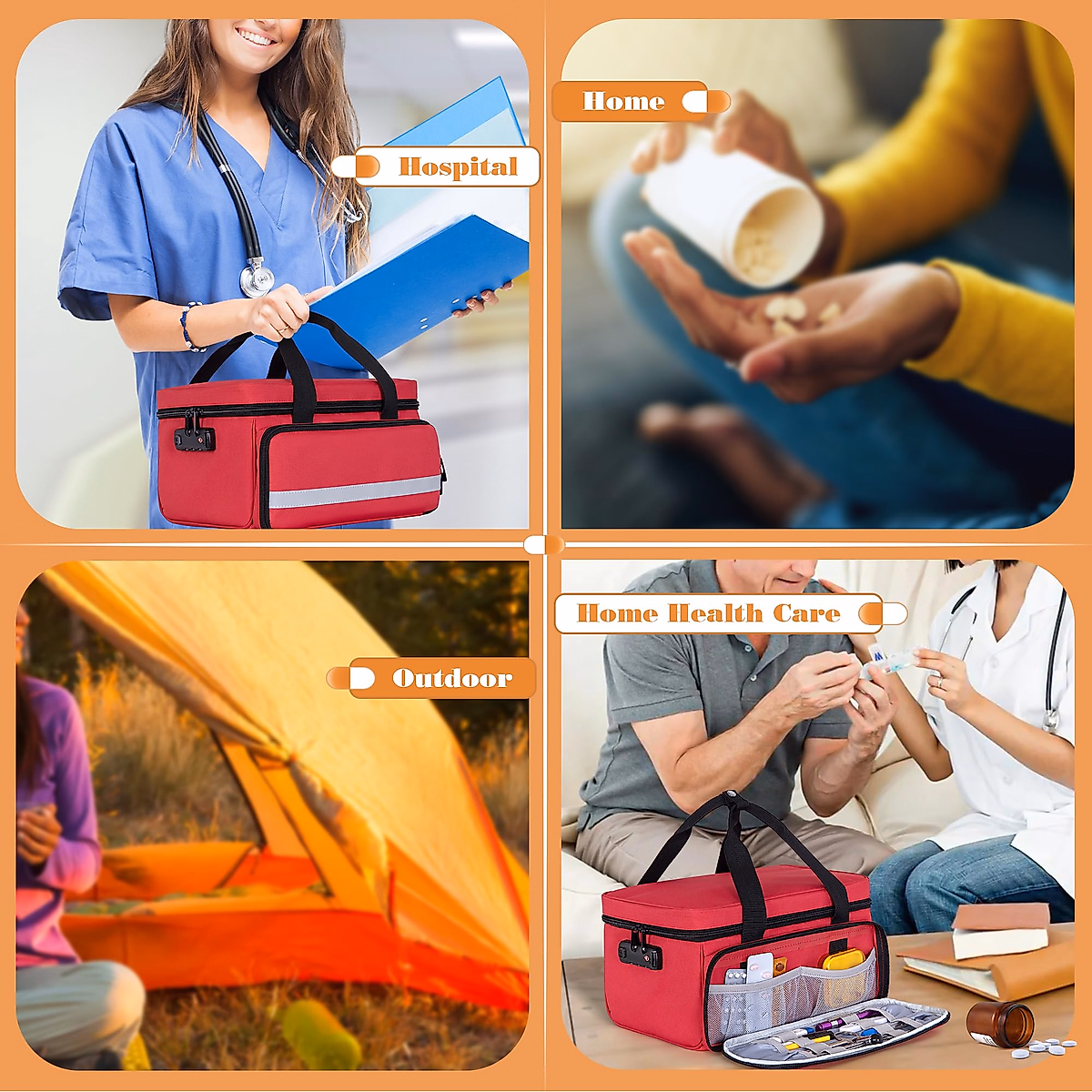 CURMIO Pill Bottle Organizer Bag with Lock, Medicine Organizer and Storage Case for Prescription Bottles, Empty First Aid Bag for Home and Travel, Red (Patented Design)