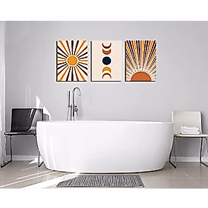 Orange Boho Wall Art Sunrise and Moon Minimalist Geometry Abstract Canvas Wall Art Modern 3 Pieces Stretched and Framed Artwork Canvas Prints for Home Office Bathroom Bedroom Wall Decor 12"x16"x3