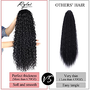 30inch Long Corn Curly Wave Drawstring Ponytail Synthetic High Puff Hair Pieces With Comb Black Wavy Clip in Extensions (1B)