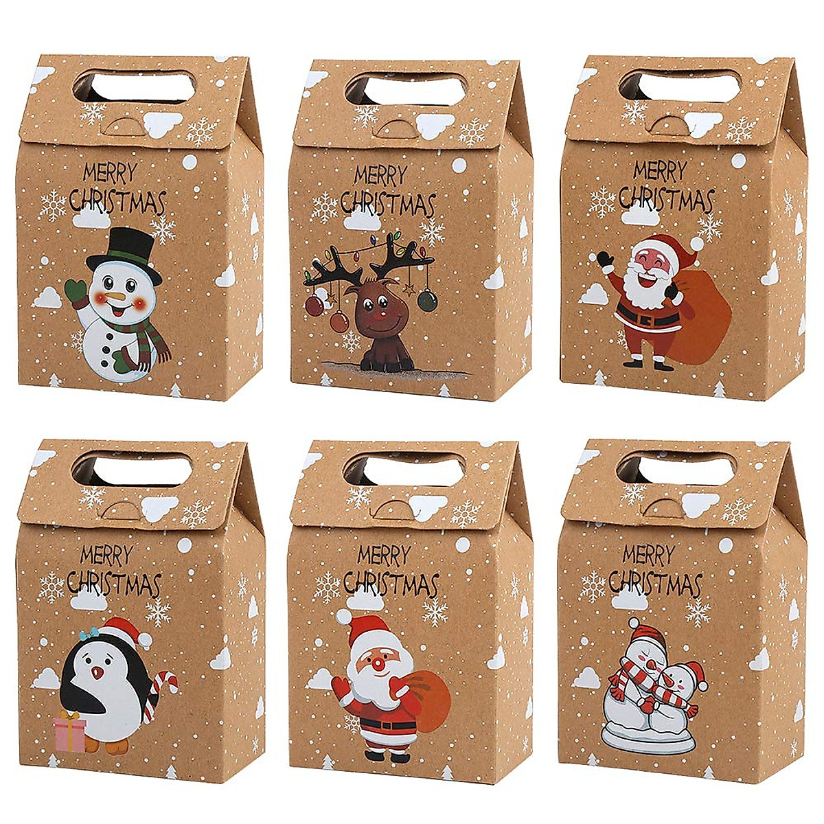 CCINEE 24 PCS Christmas Kraft Paper Bags, Kraft Cookies and Candy Bags Santa Claus Reindeer Xmas Folding Kraft Bags for Kids Party Favor Holiday New Year