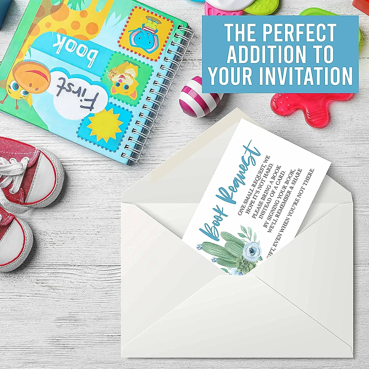 25 Blue Cactus Baby Shower Invitations, 25 Books For Baby Shower Request Cards, Sprinkle Invite Boy, Bring A Book Instead Of A Card, Baby Shower Invitation Inserts Baby Shower Guest Book Alternative