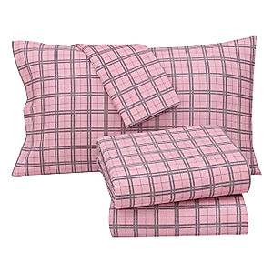 RUVANTI Flannel Sheets Full Size - 100% Cotton Brushed Flannel Bed Sheet Sets - Deep Pockets 16 Inches - All Seasons Breathable & Super Soft - Warm & Cozy - 4 Pcs - Check & Bolt Pink