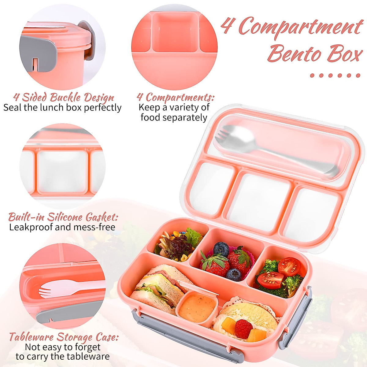 Zezzxu Bento Lunch Box for Kids and Adults, 1300 ML 4-Compartment Bento Box with Accessories, Plastic Lunch Containers Kit, Microwave & Dishwasher & Freezer Safe (Pink)