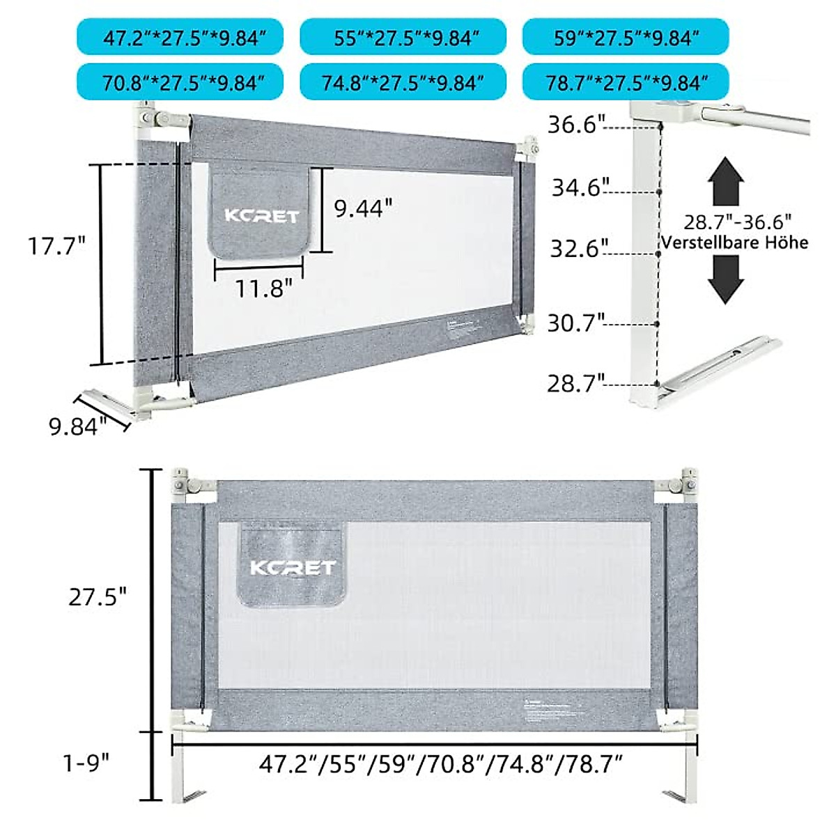 KCRET Bed Rail for Toddlers,Upgraded Infants Safety Bed Guardrail with Breathable Fabric for Twin, Double, Full-Size Queen & King Mattress (74.8"×30”, Gray)