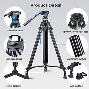 SIRUI AM-25S Video Tripod, 74.8" Professional Heavy Duty Tripod with Adjustable Damping Fluid Head for DSLR, Camcorder, Cameras, 360° Pan & +90°/-75° Tilt, Quick Release Plate, Max Load 22.0lb
