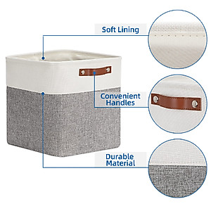 Temary 12 Inch Storage Baskets Foldable Fabric Storage Cubes 4PCs Storage Bins Organizer with Handles, Baskets for Organizing Clothes, Towels (White & Grey, 12 x 12 x 12)