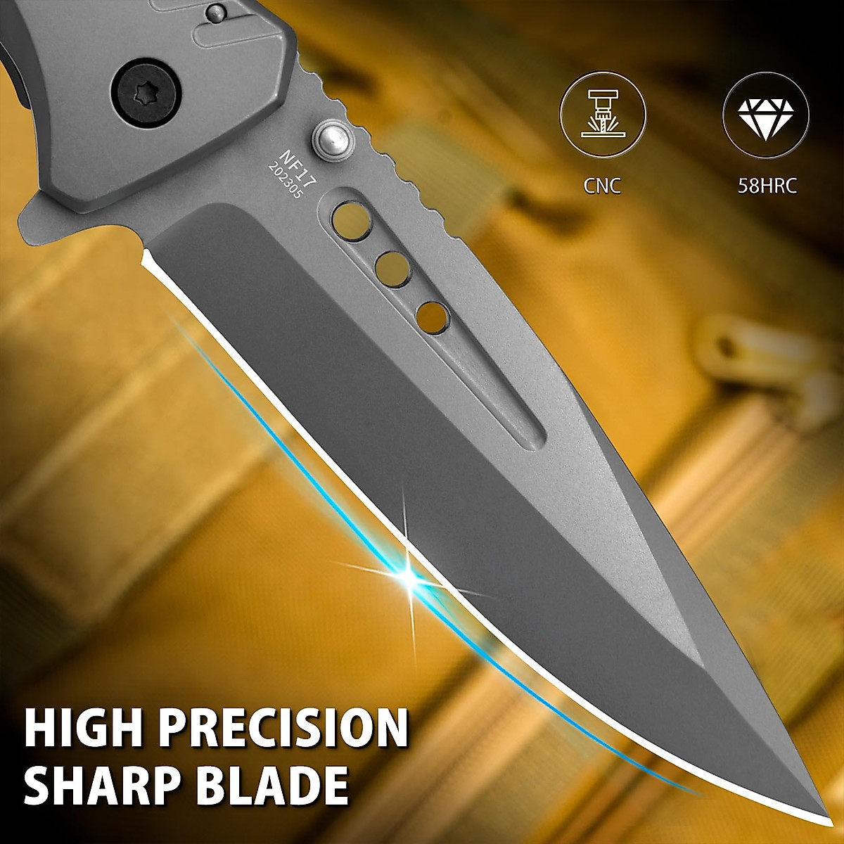 NedFoss Pocket Knife NF17, 3 in 1 3.8" Tactical Knife with Seat Belt Cutter, Glass Breaker, Liner Lock, Belt Clip, Survival Knife Hunting knife for Camping Hiking