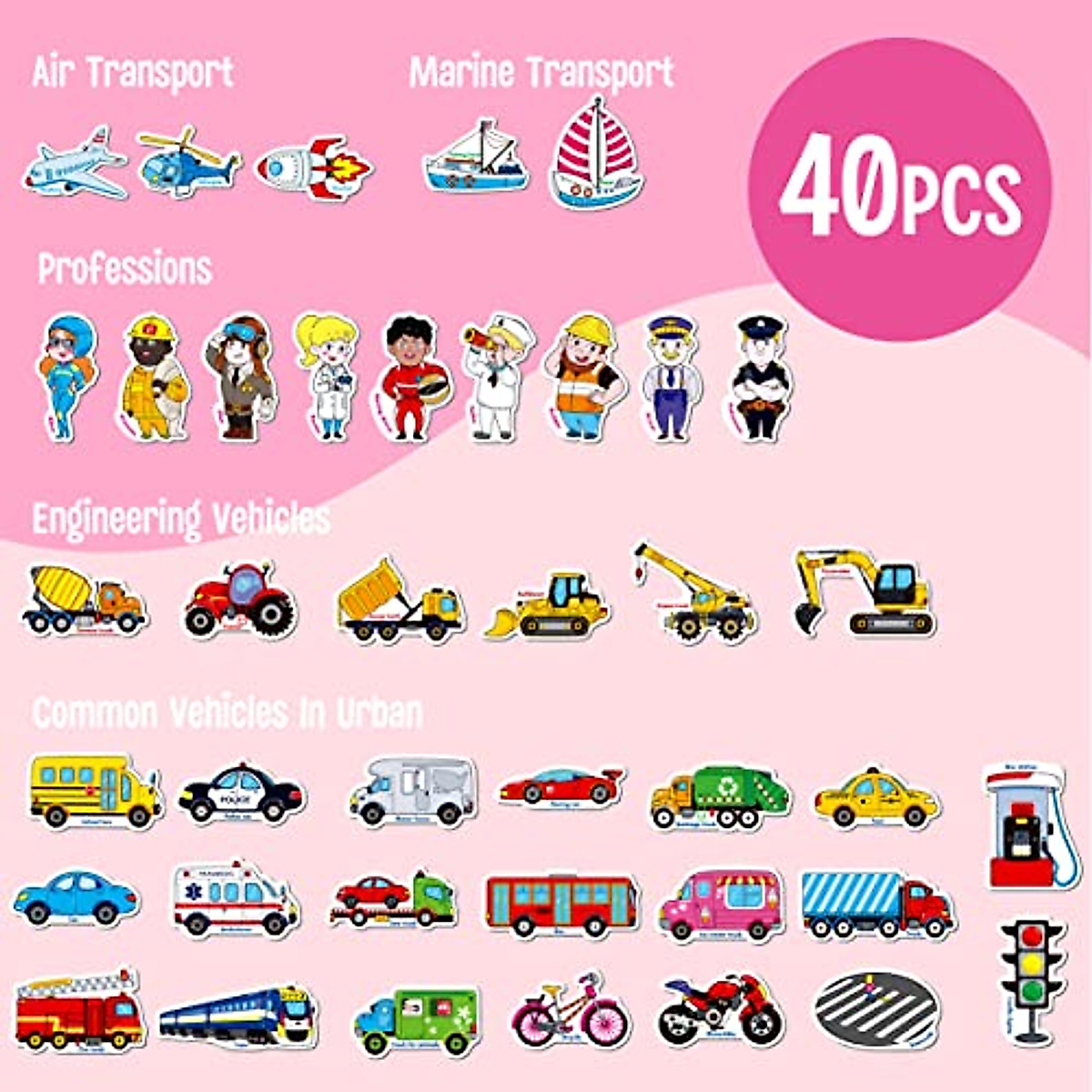 40 PCS Vehicle Magnets, Vehicles and Professions Fridge Magnets for Kids-Common Vehicles, Airplane, Boat & Occupations-Magnetic Transport Refrigerator Decors Educational Learning Toys for Toddlers