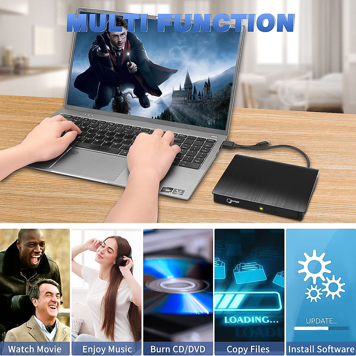 Gotega External DVD Drive USB 3.0 Type C USB C Portable CD/DVD +/-RW Disk Drive External DVD Player for Laptop CD/DVD ROM Burner Reader Compatible with Desktop PC Windows Linux OS Apple Mac