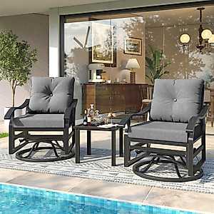 UDPATIO Outdoor Swivel Rocker Chairs, 3 Piece Metal Patio Rocking Chairs with Grey Padded Cushions Patio Bistro Furniture Set with Side Table for Porch Balcony Backyard, Grey