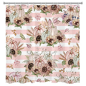 AUEEA Fall Harvest Shower Curtain Watercolor Plant Pumpkin and Sunflower with Green Leaf Shower Curtain Pink White Striped Fabric Shower Curtain Set for Bathroom with Bath Mat and Hooks,72x72 inches
