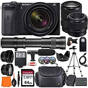 Sony Alpha a6600 Mirrorless Digital Camera with 18-135mm & FE 50mm f/1.8 and 420-800mm Telephoto Lens + Wide-Angle & Telephoto Lens, 64GB Memory Card, Microphone, Digital Flash, Gadget Bag & More