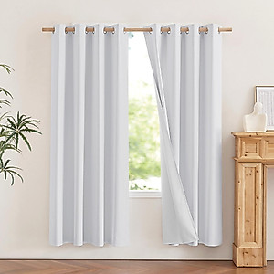 NICETOWN 100% Absolutely Blackout Linen Curtains with Thermal Insulated White Liner, White, 52 inches Wide, 72 inches Length Energy Saving Curtains for Living Room 2 Panels Set, Vertical Blinds